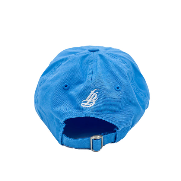 Cursive LB White on Sky Blue Unstructured Dad Hat – Long Beach Clothing Co.